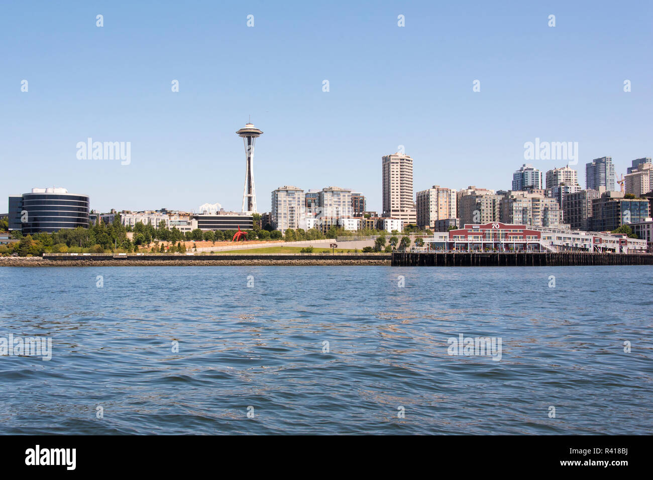 USA, Washington State, Seattle. Sunny Seattle waterfront. Space Needle ...
