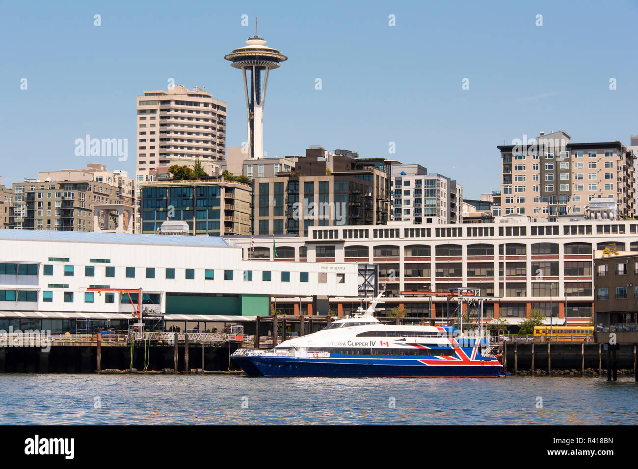 USA, Washington State, Seattle. Sunny Seattle waterfront. Space Needle ...