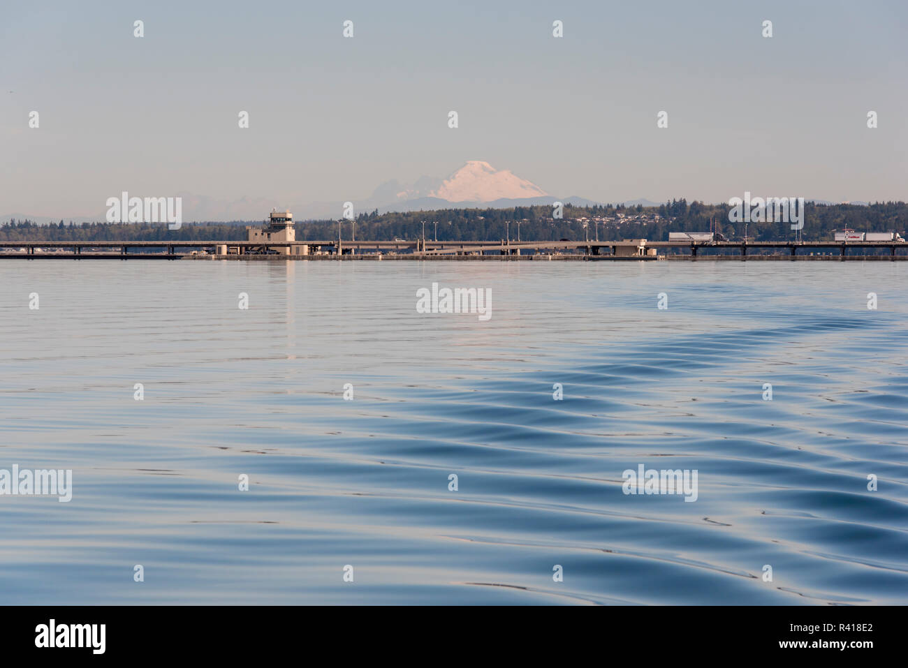 USA, Washington State, Puget Sound Mt. Baker beyond Hood Canal bridge ...