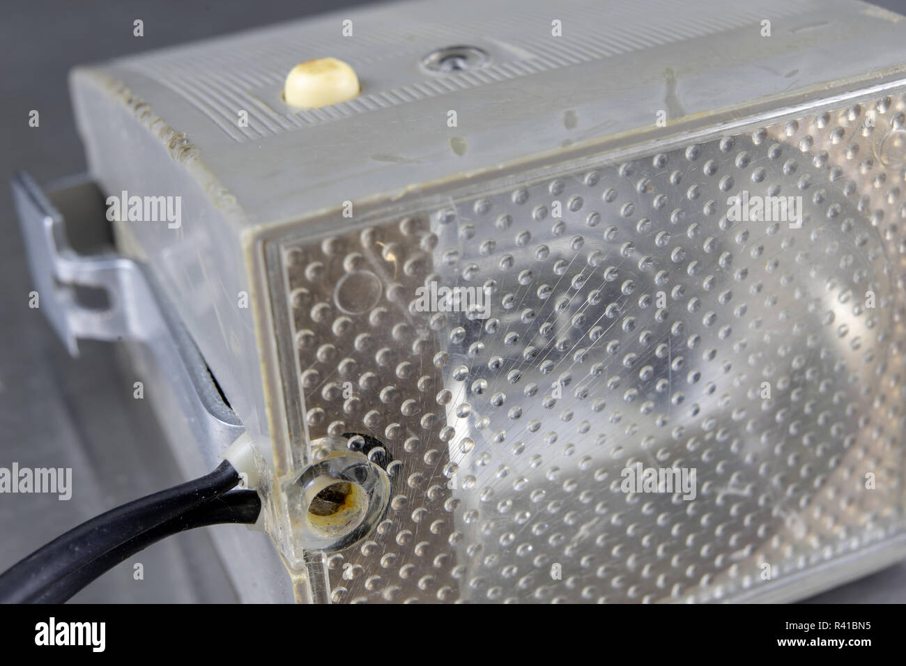 Old flash lamps on a metal table. Photo accessories from central europe ...