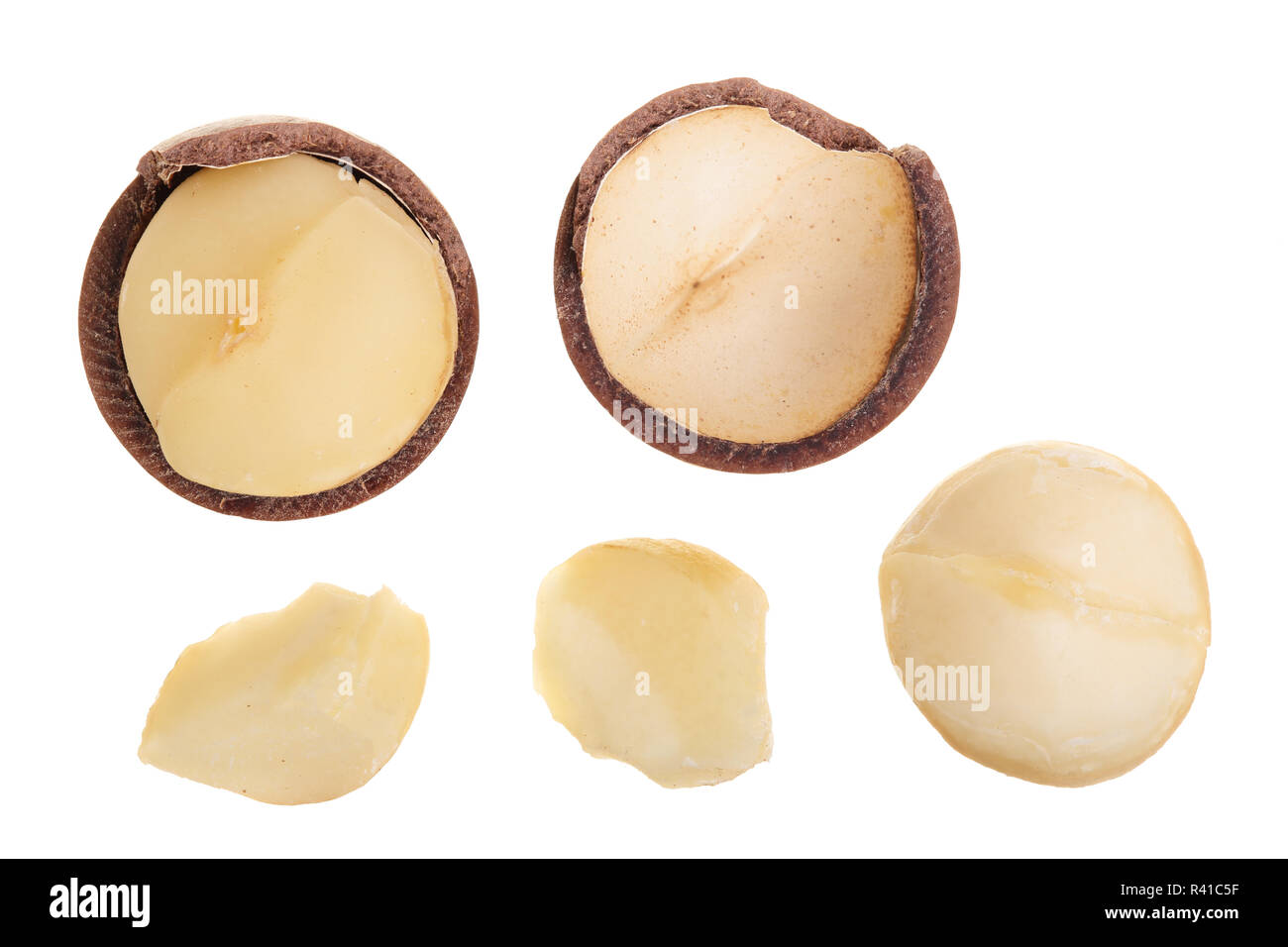 Shelled macadamia nuts isolated on white background. Top view. Flat lay ...