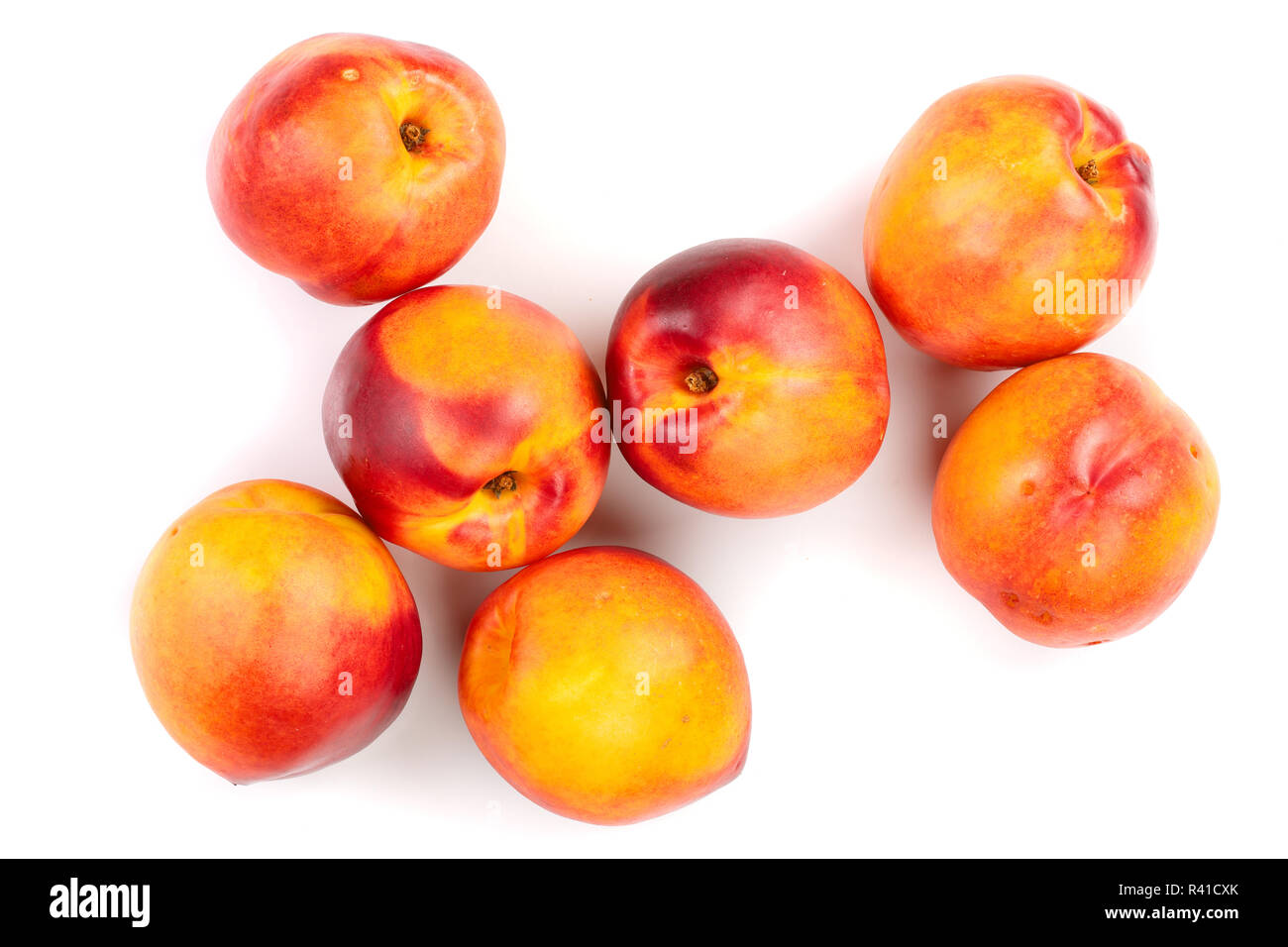 ripe nectarine with leaves isolated on white background. Top view. Flat ...