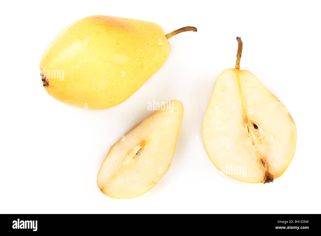 ripe yellow pear fruits isolated on white background. Top view. Flat ...