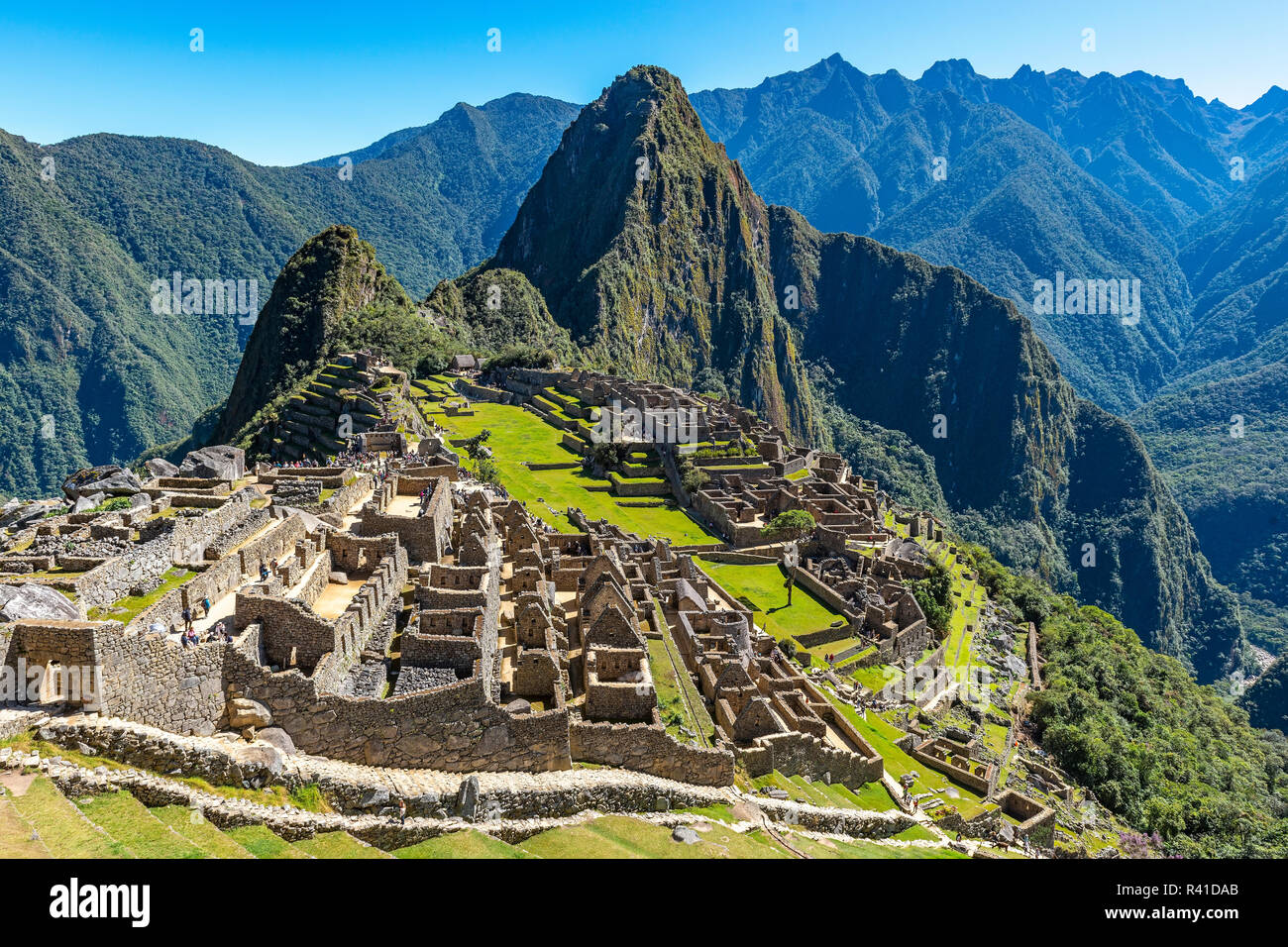 Wide angle photograph of the Lost City of the Inca, the ruin of Machu ...