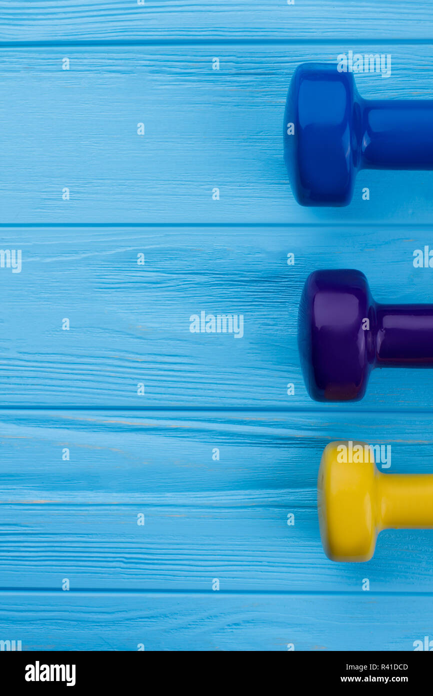 Colorful dumbbells with blank space. Female dumbbell weights, vertical ...
