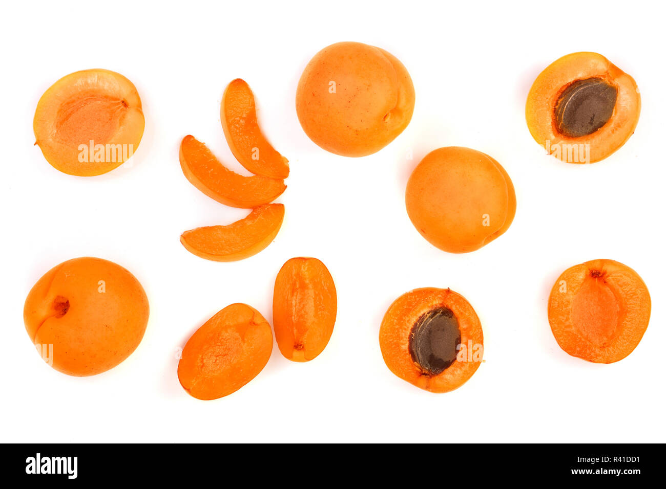 Apricot fruits isolated on white background. Top view. Flat lay pattern ...
