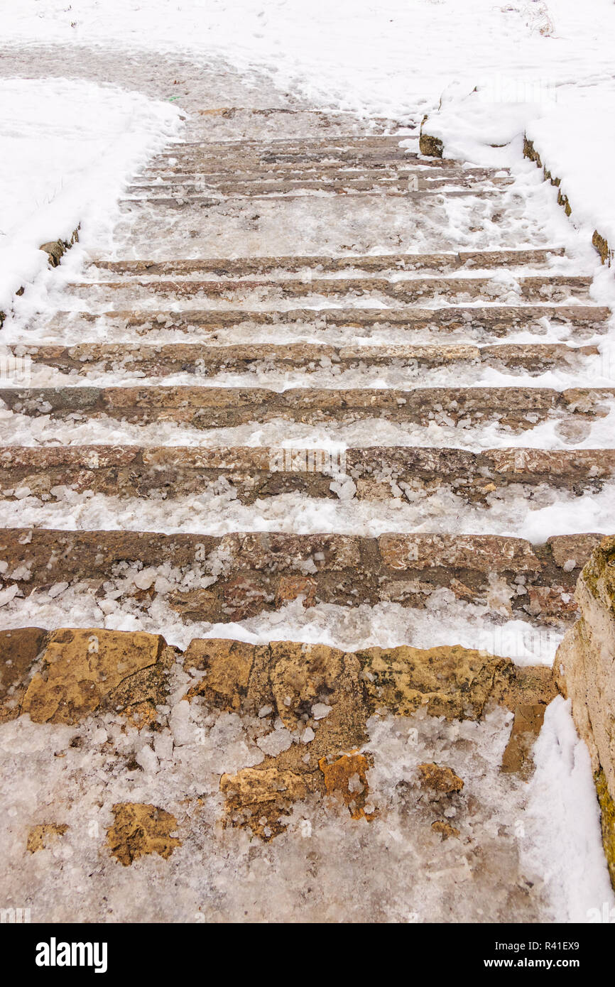 old stone stairs within the Belgrade Fortress under the snow Stock ...