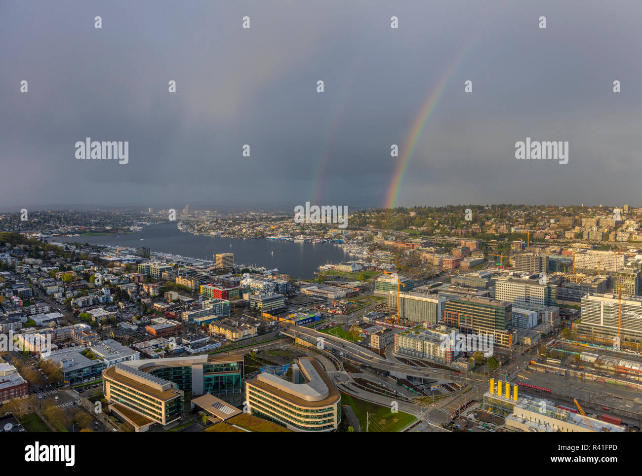 Double rainbow over Lake Union in Seattle, Washington State, USA Stock ...