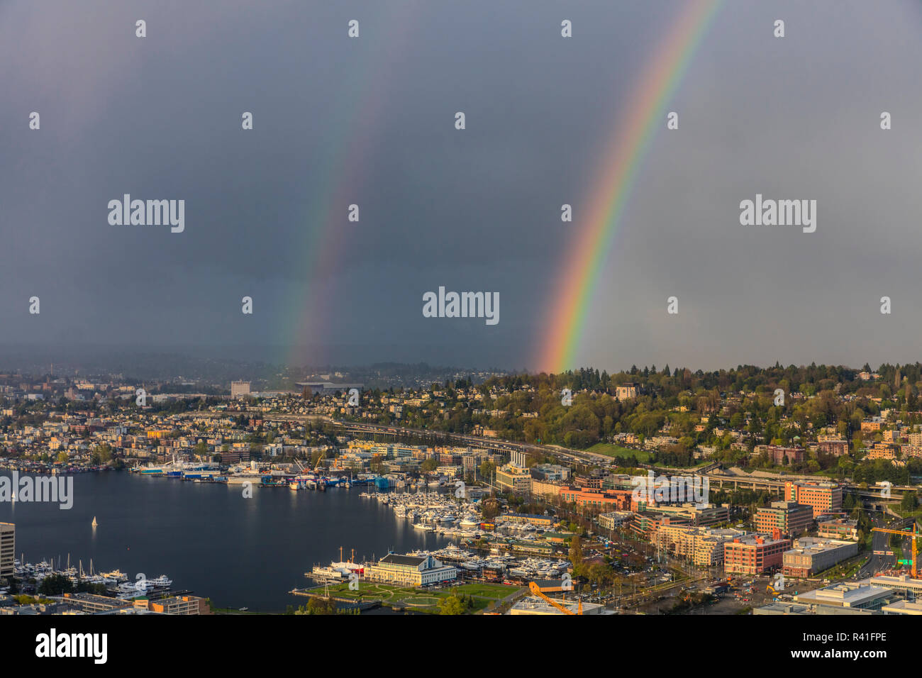 Double rainbow over Lake Union in Seattle, Washington State, USA Stock ...