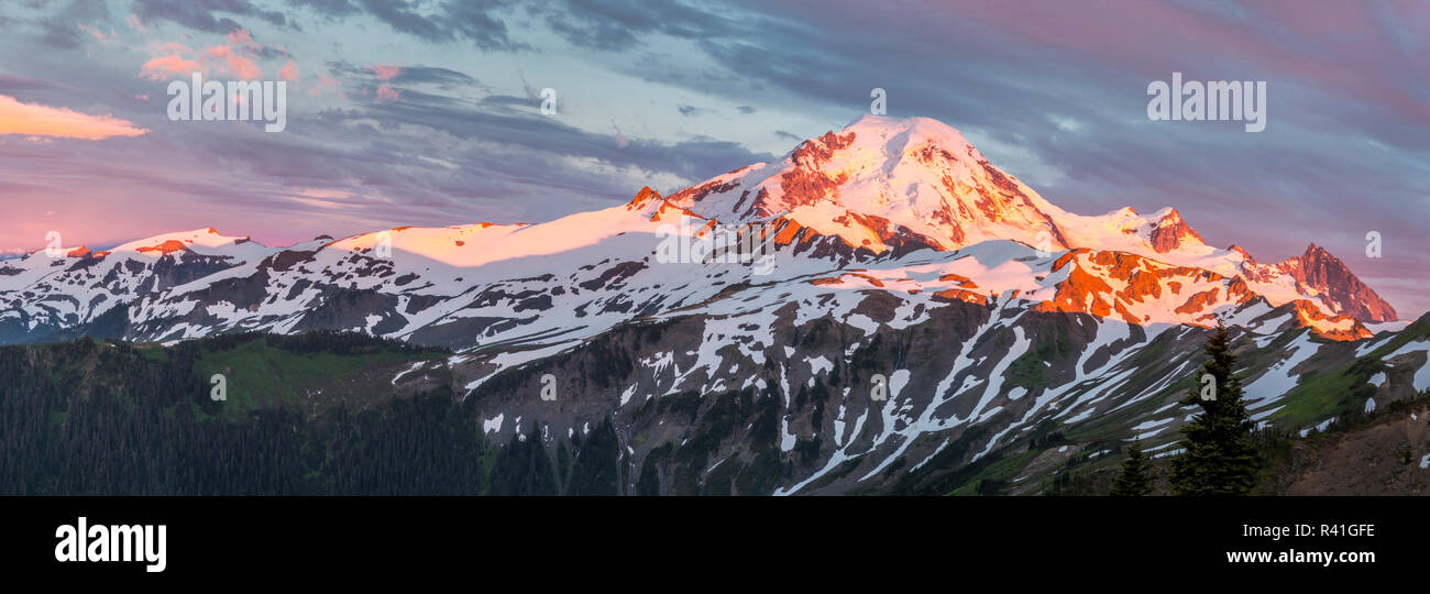 USA, Washington State. Mt. Baker panorama from Skyline Divide at sunset ...