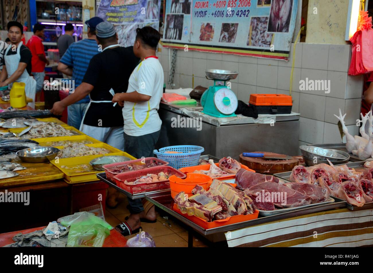 Halal butcher fresh meat chicken seafood at Satok weekend wet market ...
