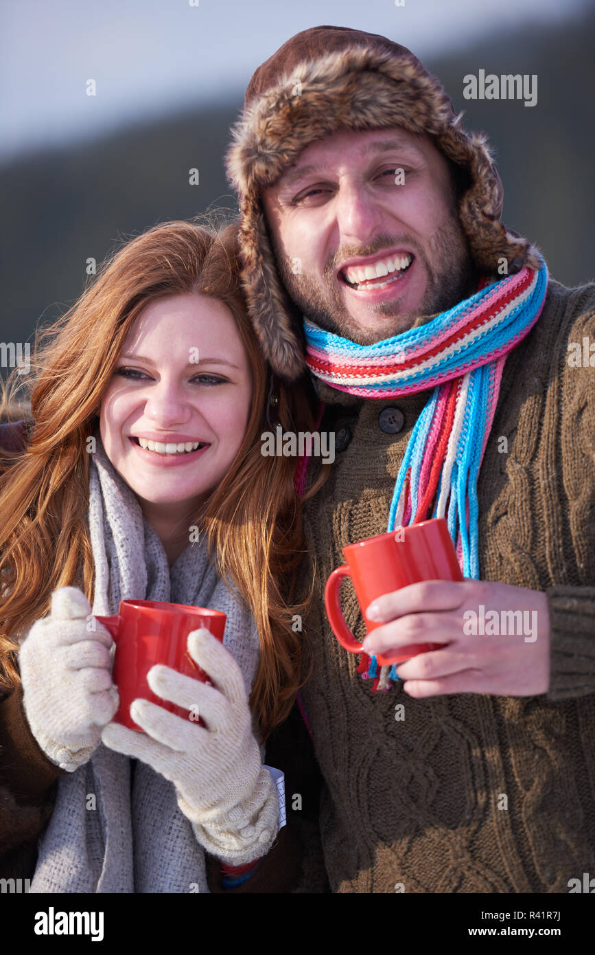 couple drink warm tea at winter Stock Photo - Alamy