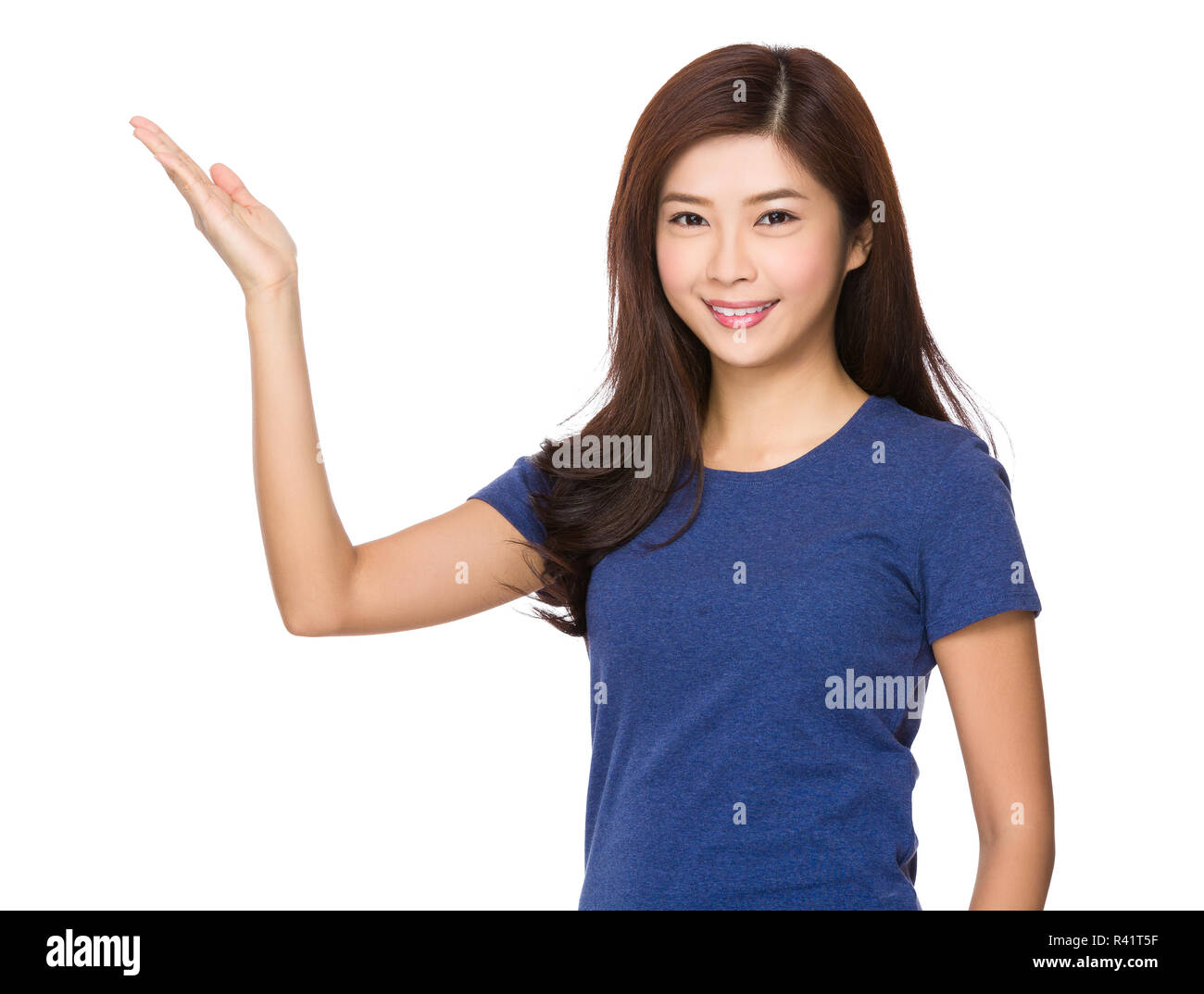 Asian woman with hand presentation Stock Photo - Alamy