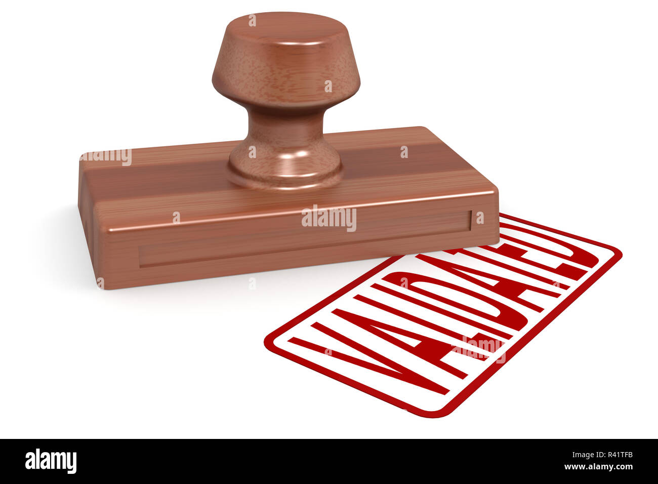 Wooden stamp validated with red text Stock Photo - Alamy