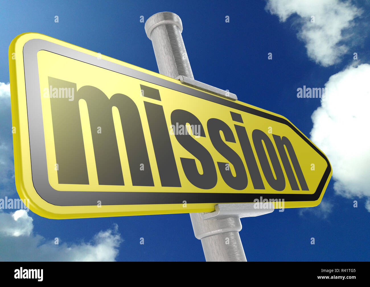 Yellow road sign with mission word under blue sky Stock Photo - Alamy