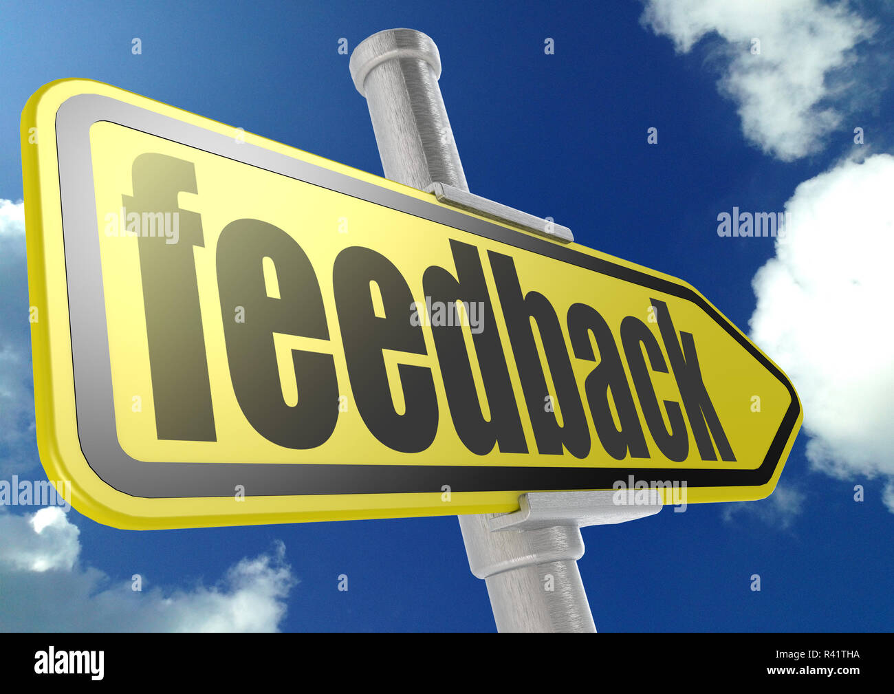 Yellow road sign with feedback word under blue sky Stock Photo - Alamy