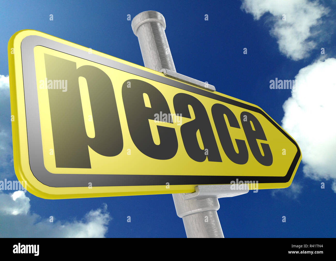 Yellow road sign with peace word under blue sky Stock Photo - Alamy