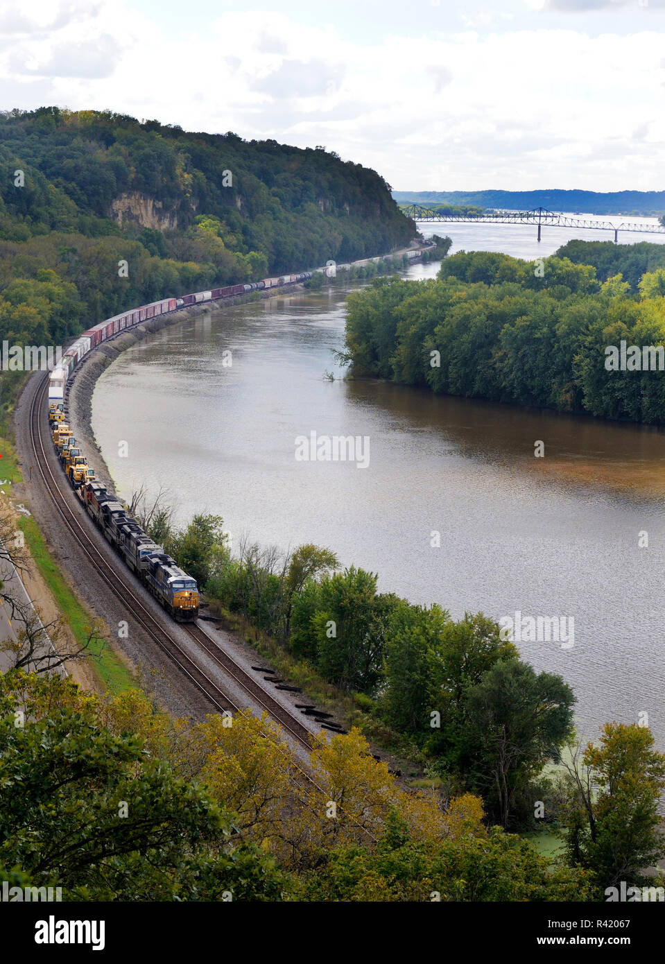 Train beside the Mississippi River, the Driftless Area, Wisconsin Stock ...