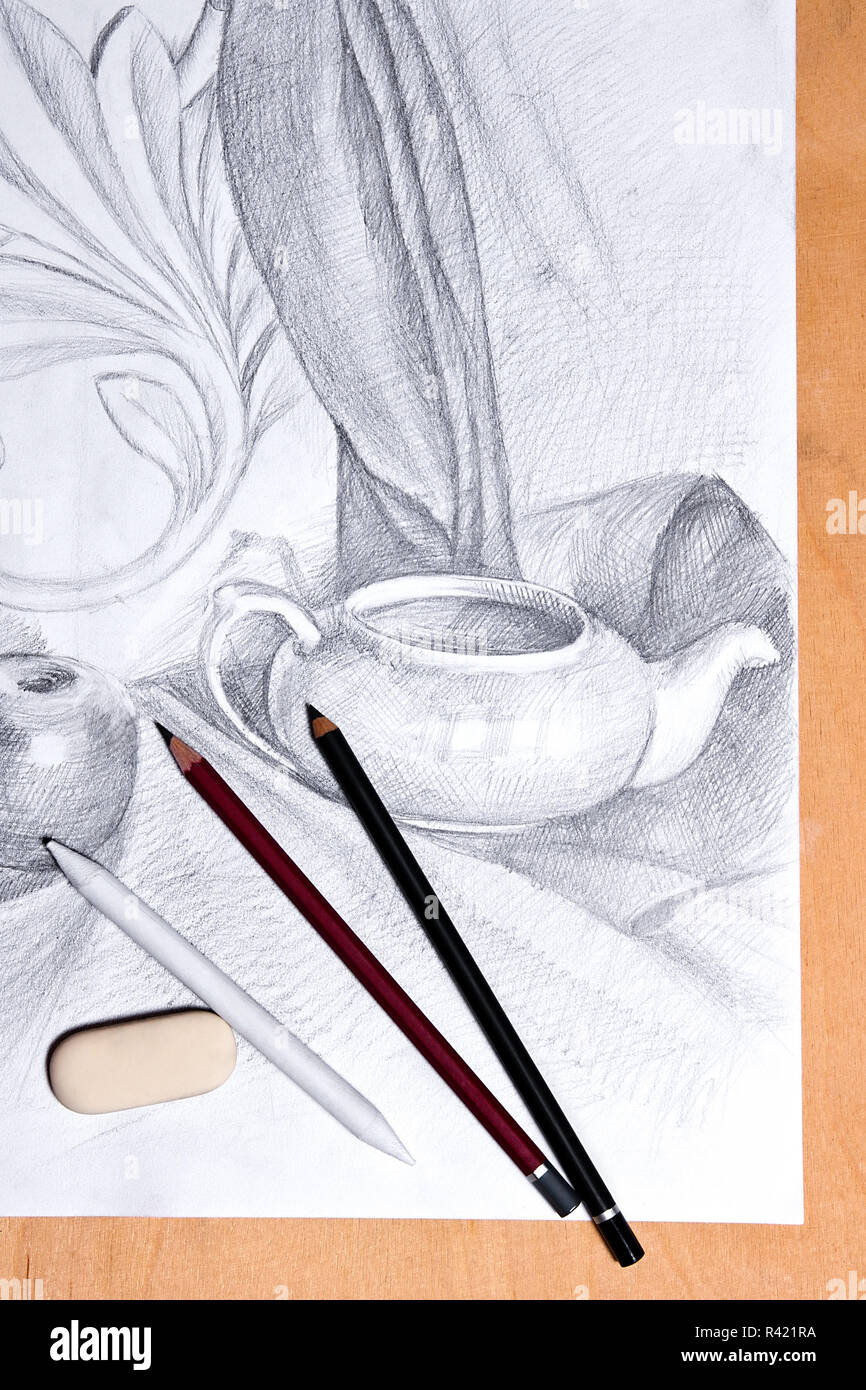 Drawing of still life by graphite pencil Stock Photo - Alamy
