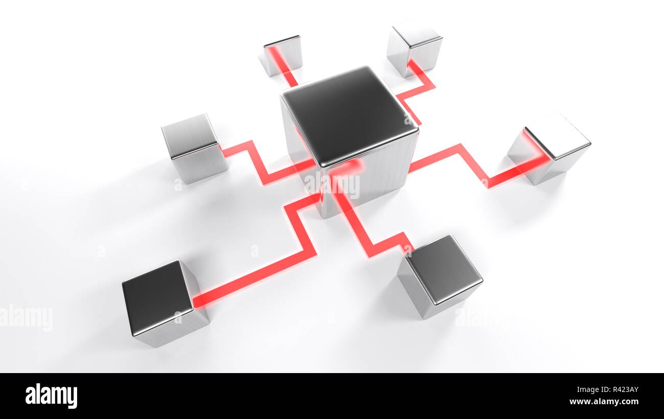 Network concept with metallic items connected on white background - 3D ...