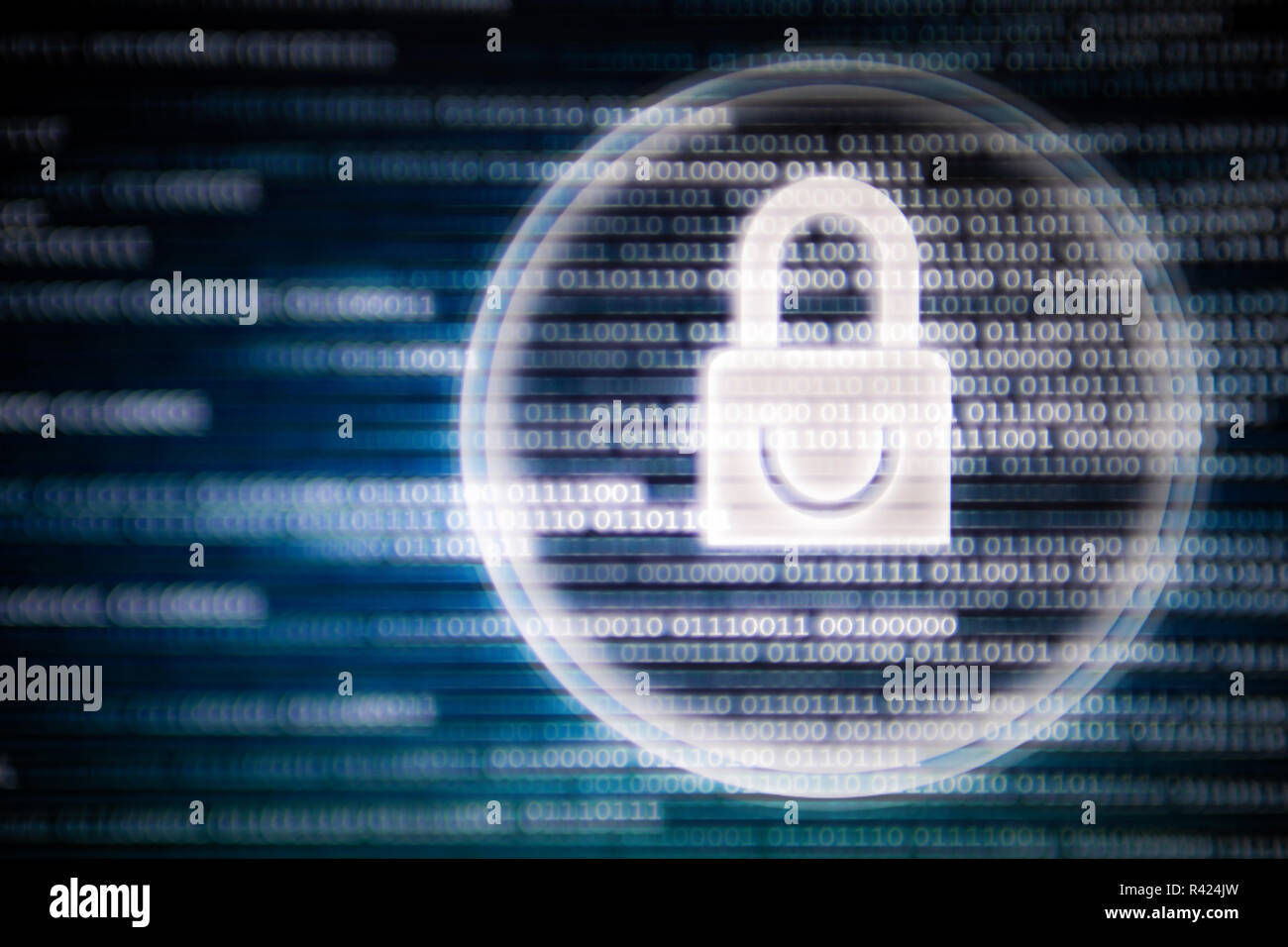 cyber security. white light padlock icon on led computer screen monitor display. blue and green ...