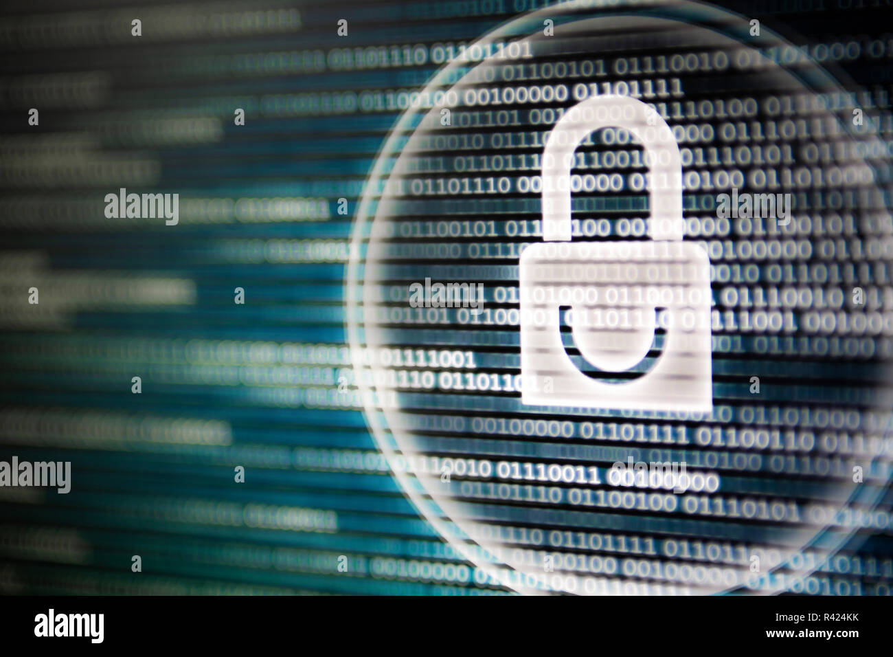 cyber security. white light padlock icon on led computer screen monitor display. blue and green ...