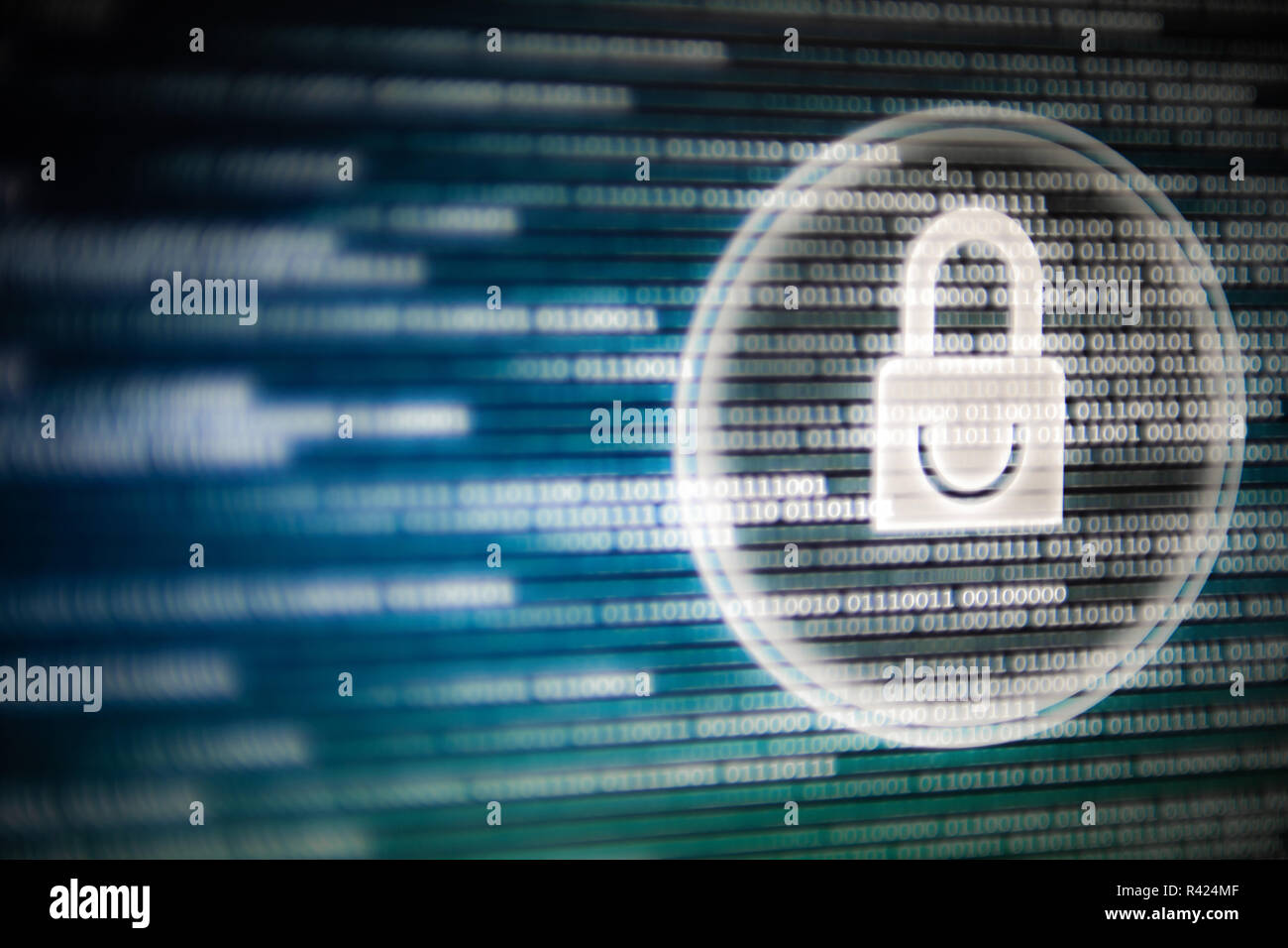 cyber security. white light padlock icon on led computer screen monitor display. blue and green ...