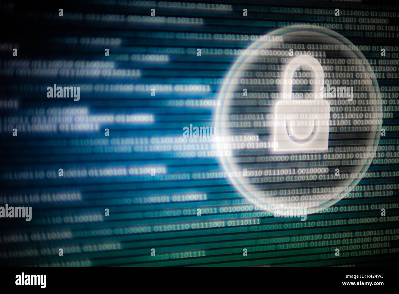 cyber security. white light padlock icon on led computer screen monitor display. blue and green ...