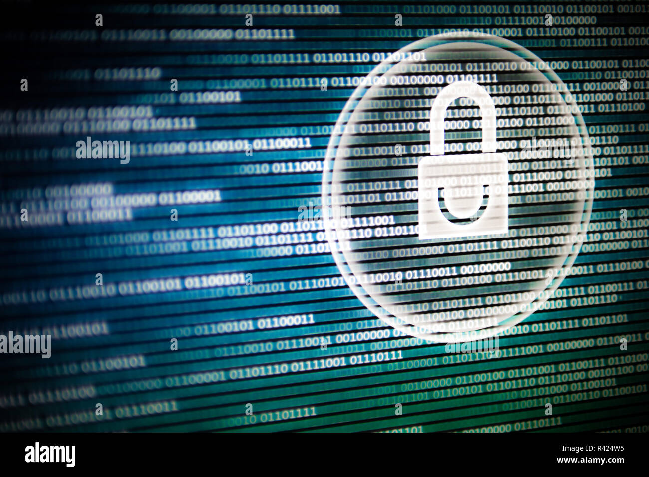 cyber security. white light padlock icon on led computer screen monitor display. blue and green ...