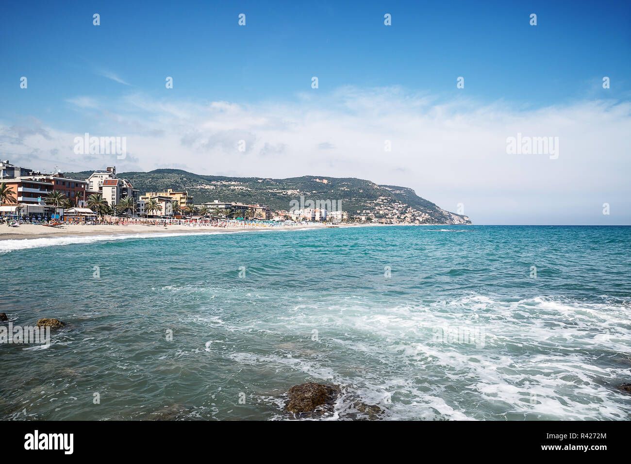 Beautiful scenic view on coast and blue sea texture in foreground ...
