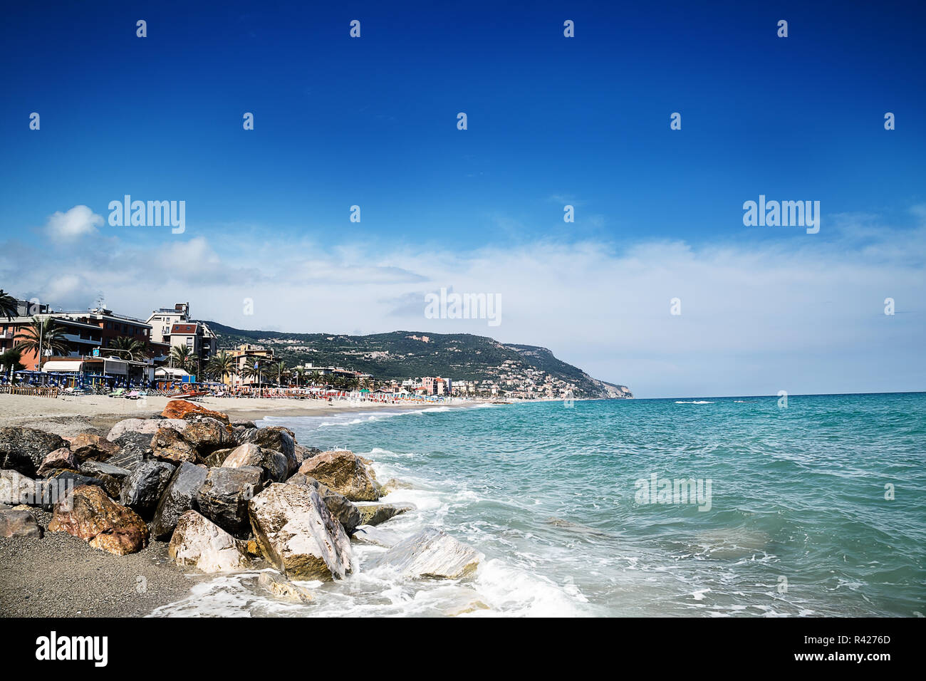 Beautiful scenic view on coast and blue sea texture in foreground ...
