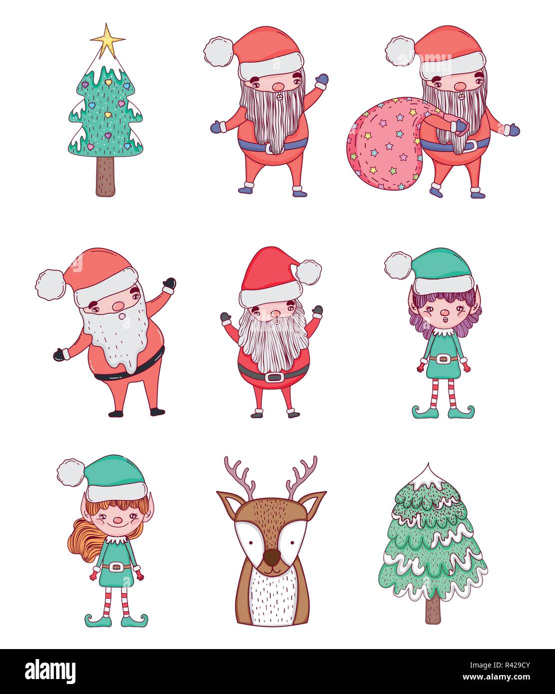 set santa claus with elf and deer to christmas vector illustration ...