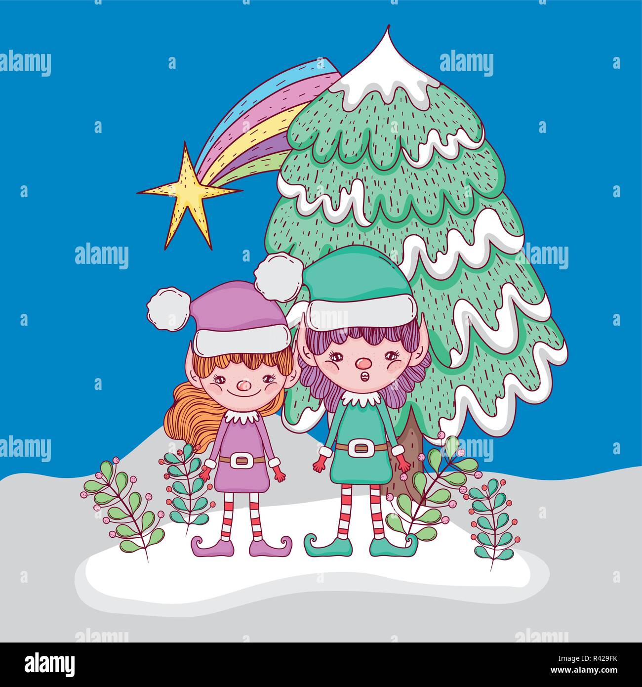elf with pine tree and branches leaves vector illustration Stock Vector ...