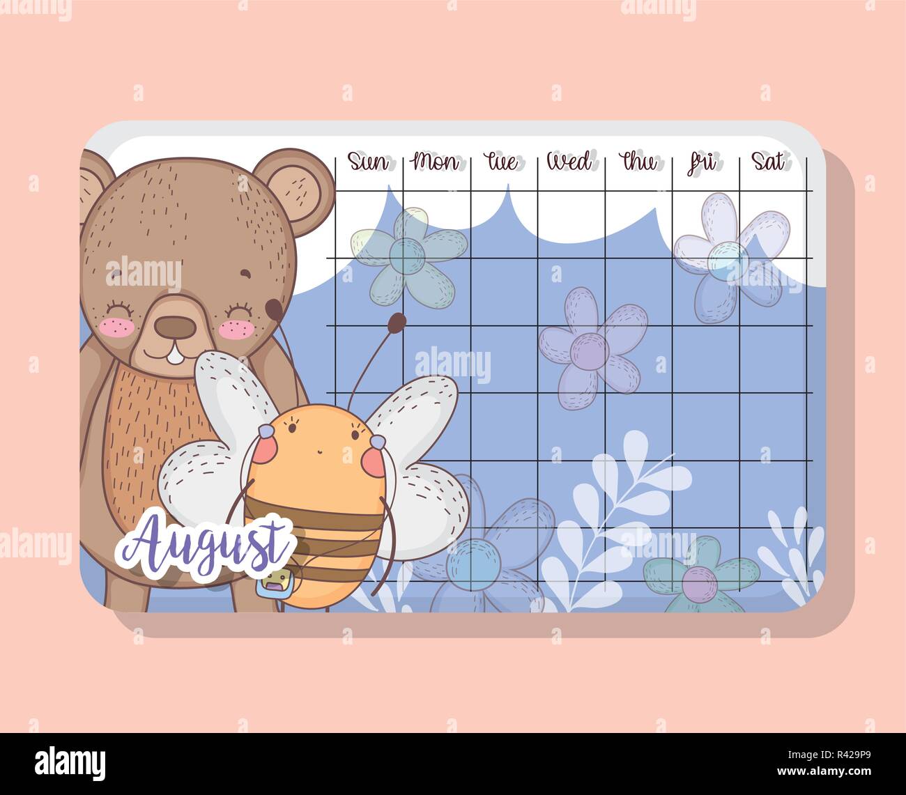 august calendar with bear and bee cute animal vector illustration Stock ...