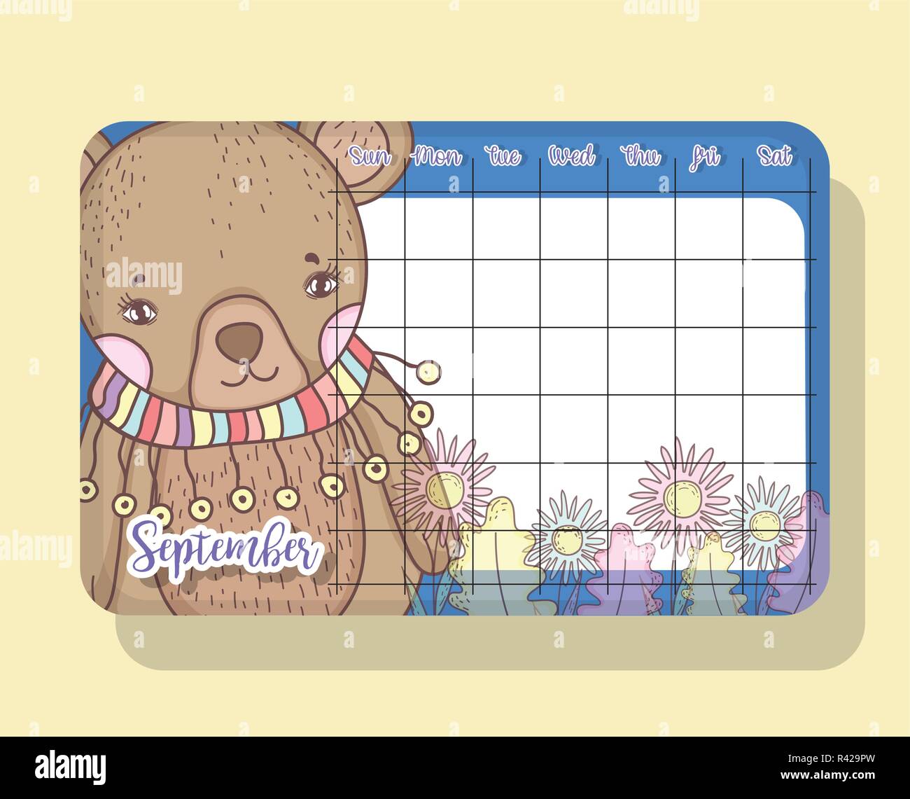 september calendar with bear cute animal vector illustration Stock ...