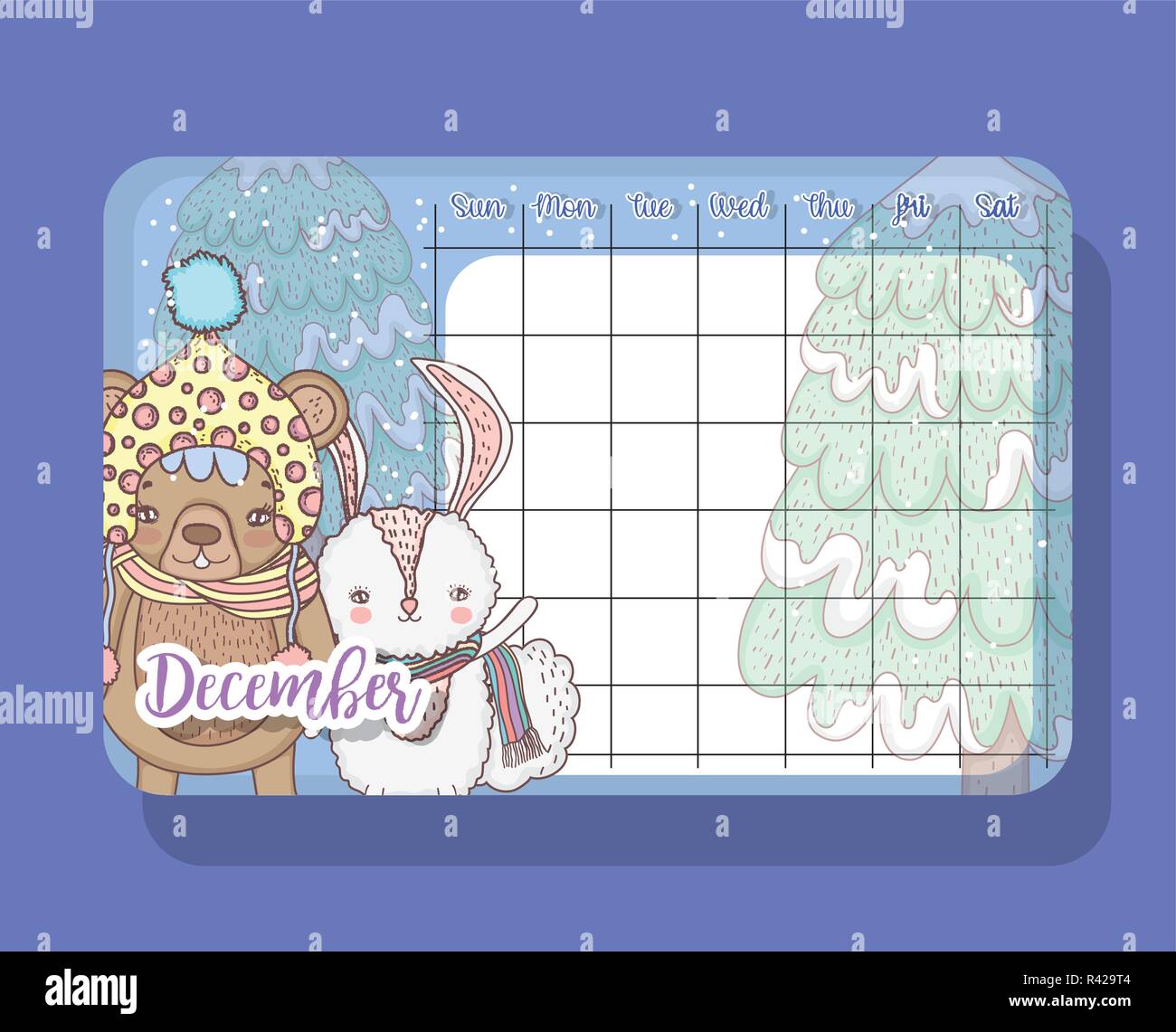 december calendar with bear and rabbit cute animal vector illustration ...