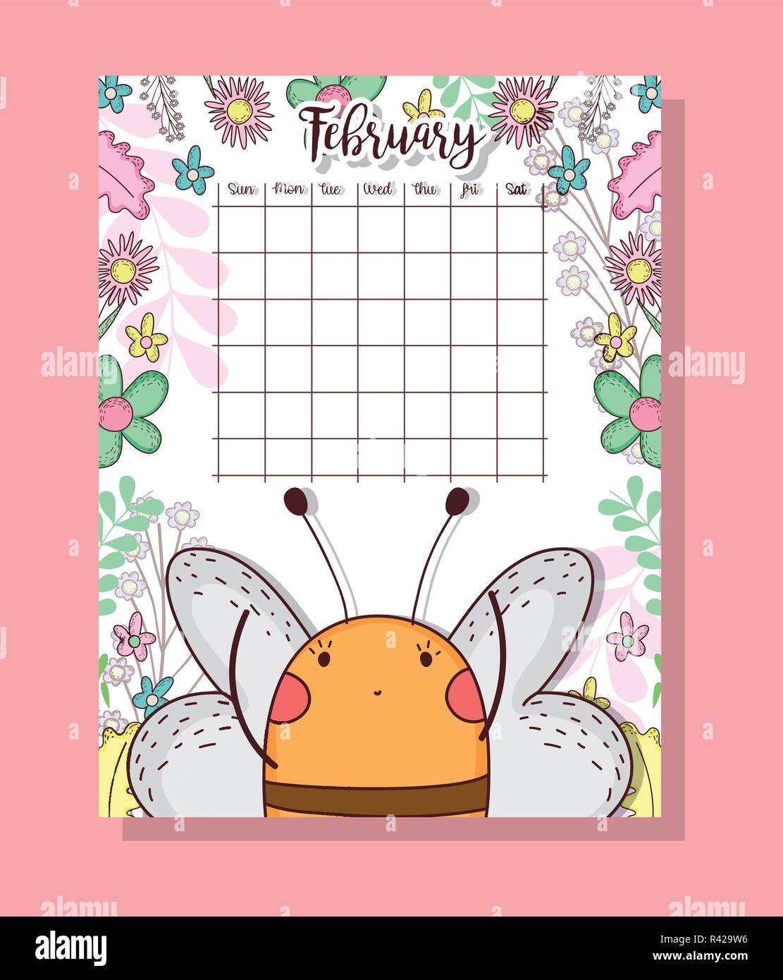february calendar with cute bee animal vector illustration Stock Vector ...
