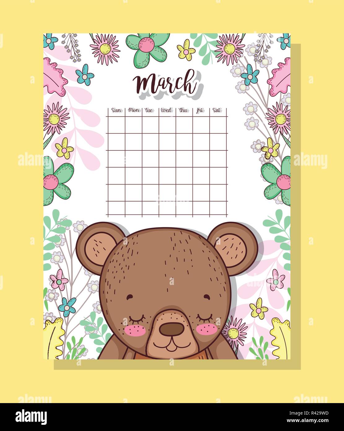 march calendar with cute bear animal vector illustration Stock Vector ...