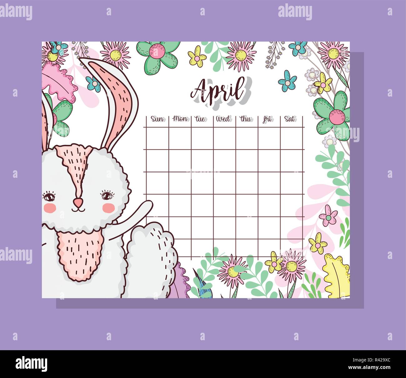 april calendar with cute rabbit animal vector illustration Stock Vector ...