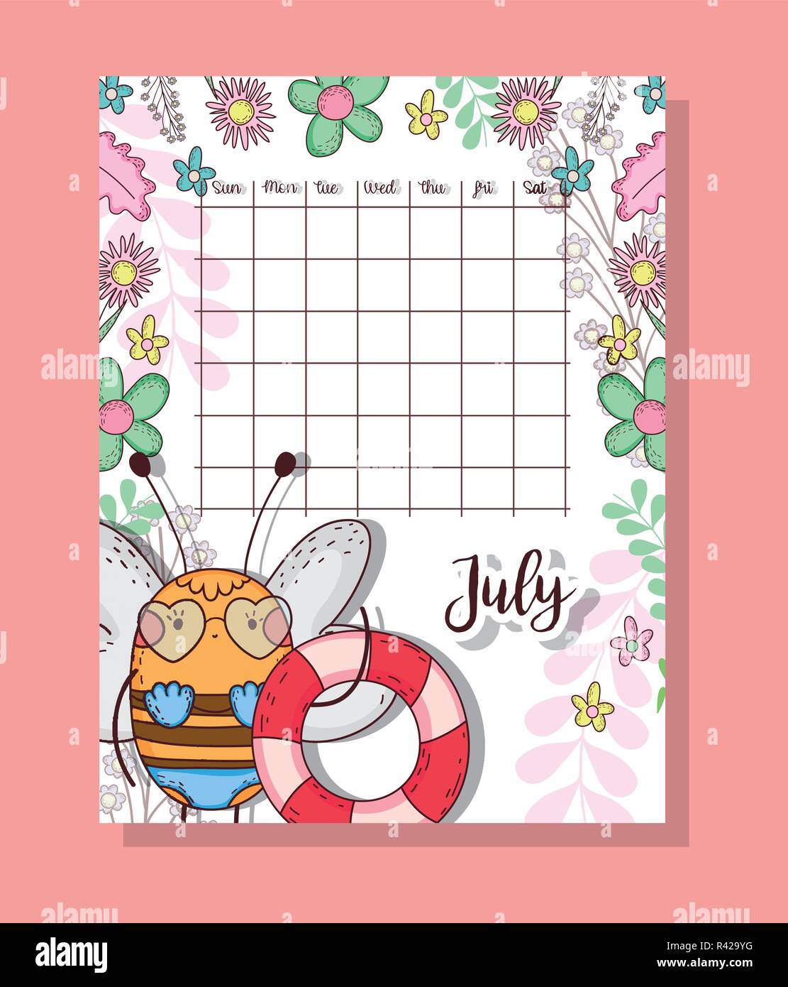 july calendar with cute bee animal vector illustration Stock Vector ...