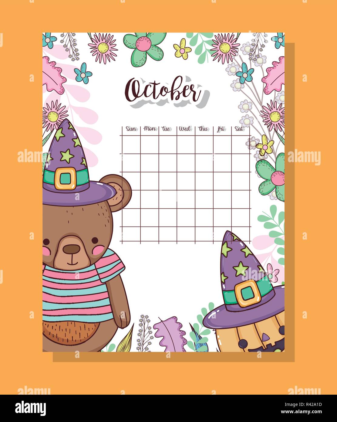 october calendar with cute bears animal vector illustration Stock ...