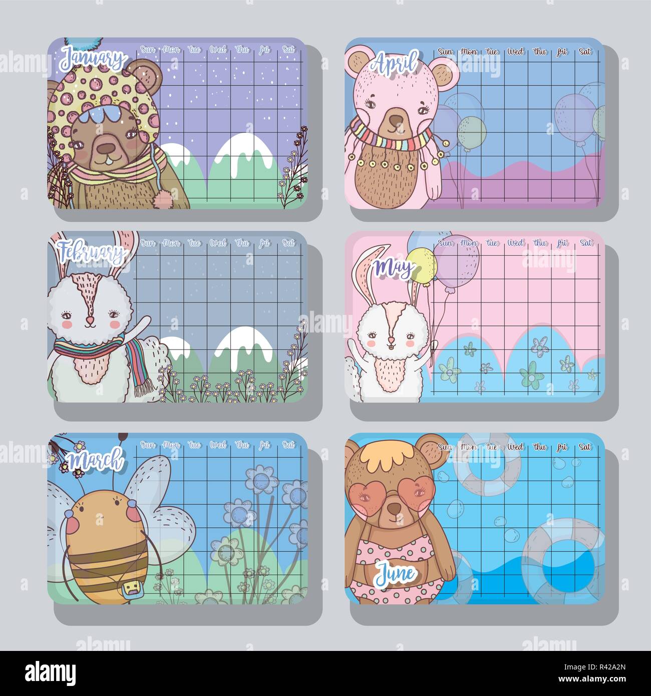 calendar information with cute animals style vector illustration Stock ...
