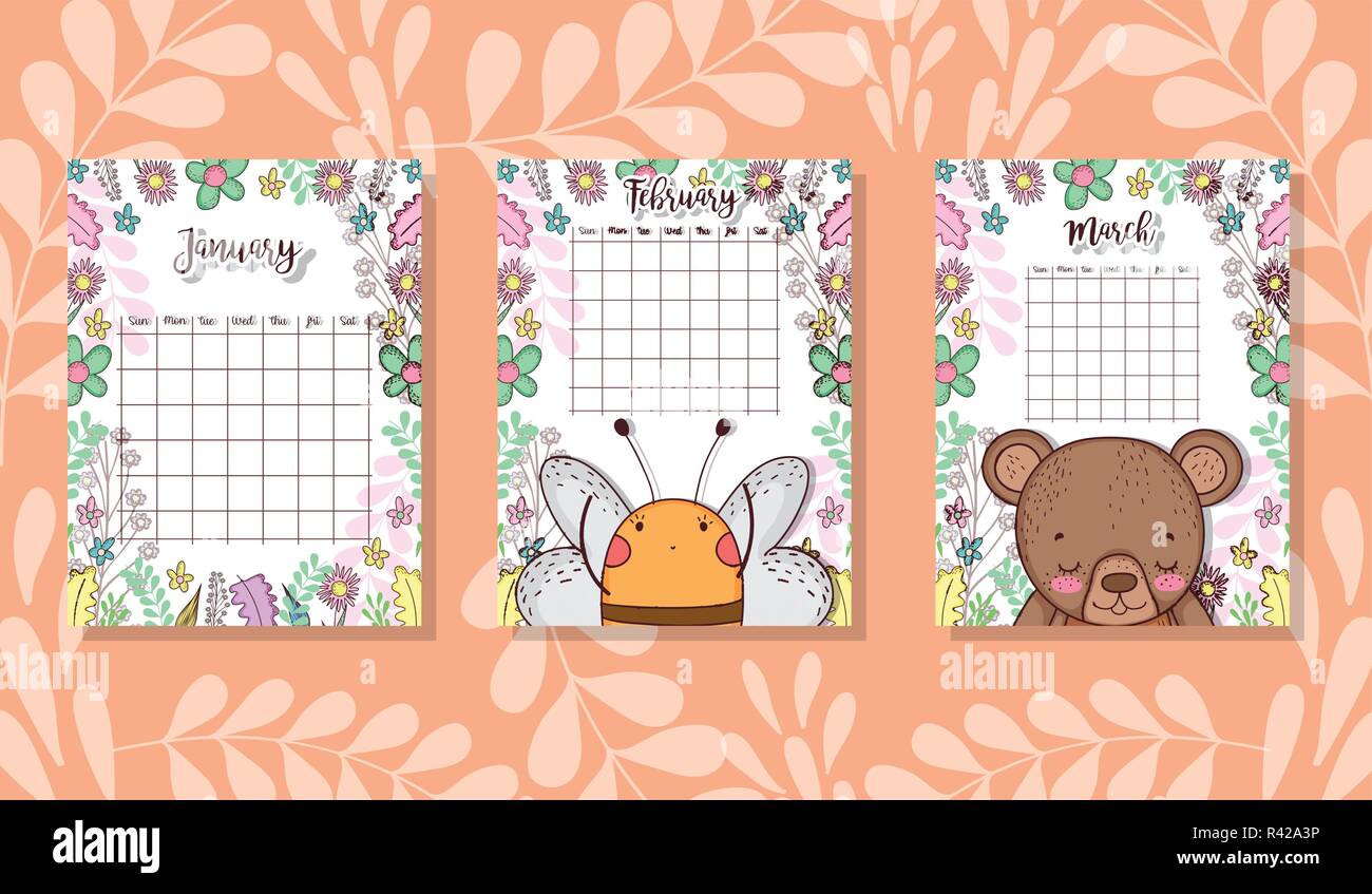 cute calendar with animals and flowers vector illustration Stock Vector ...