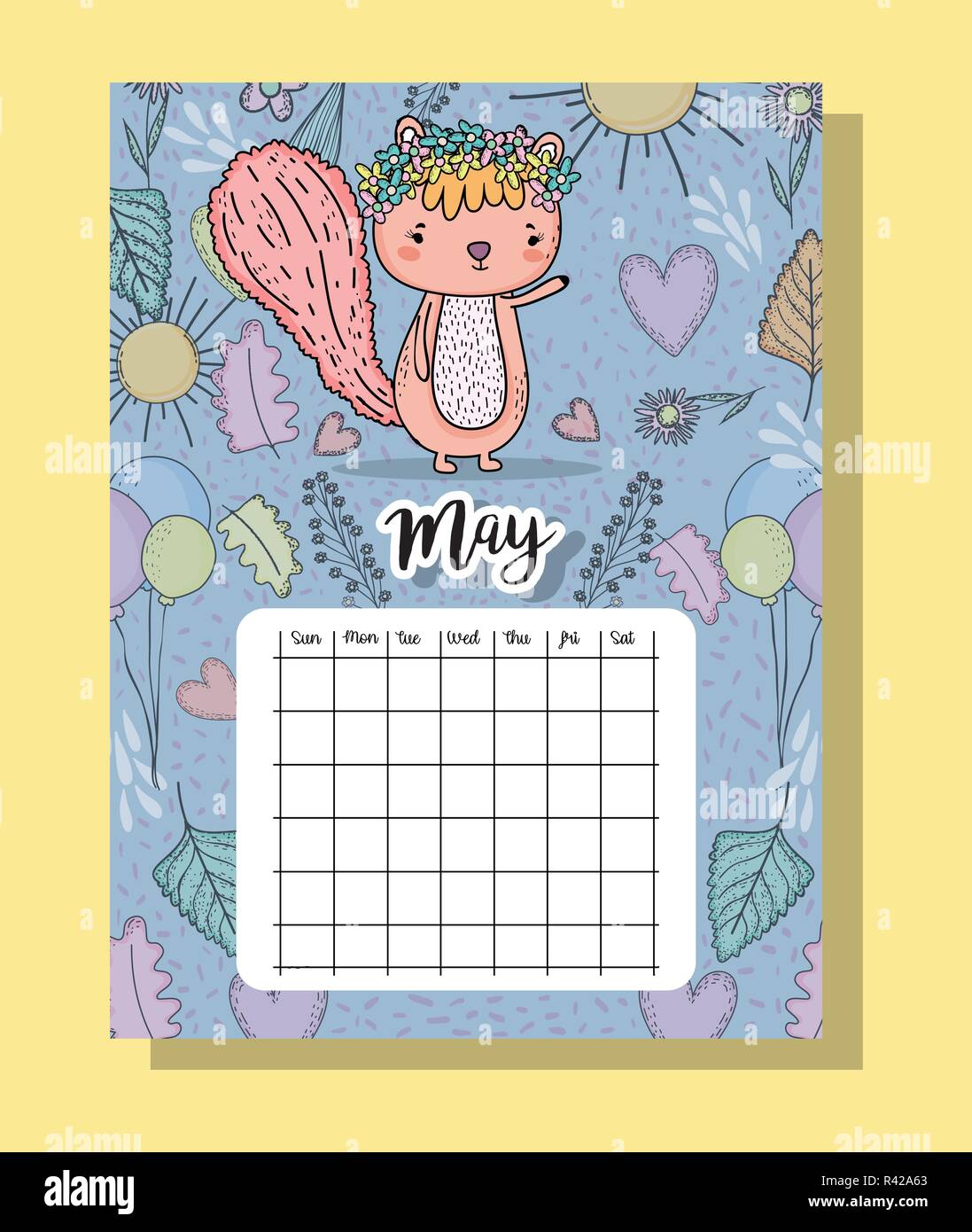 may calendar information with squirrel and flowers vector illustration ...