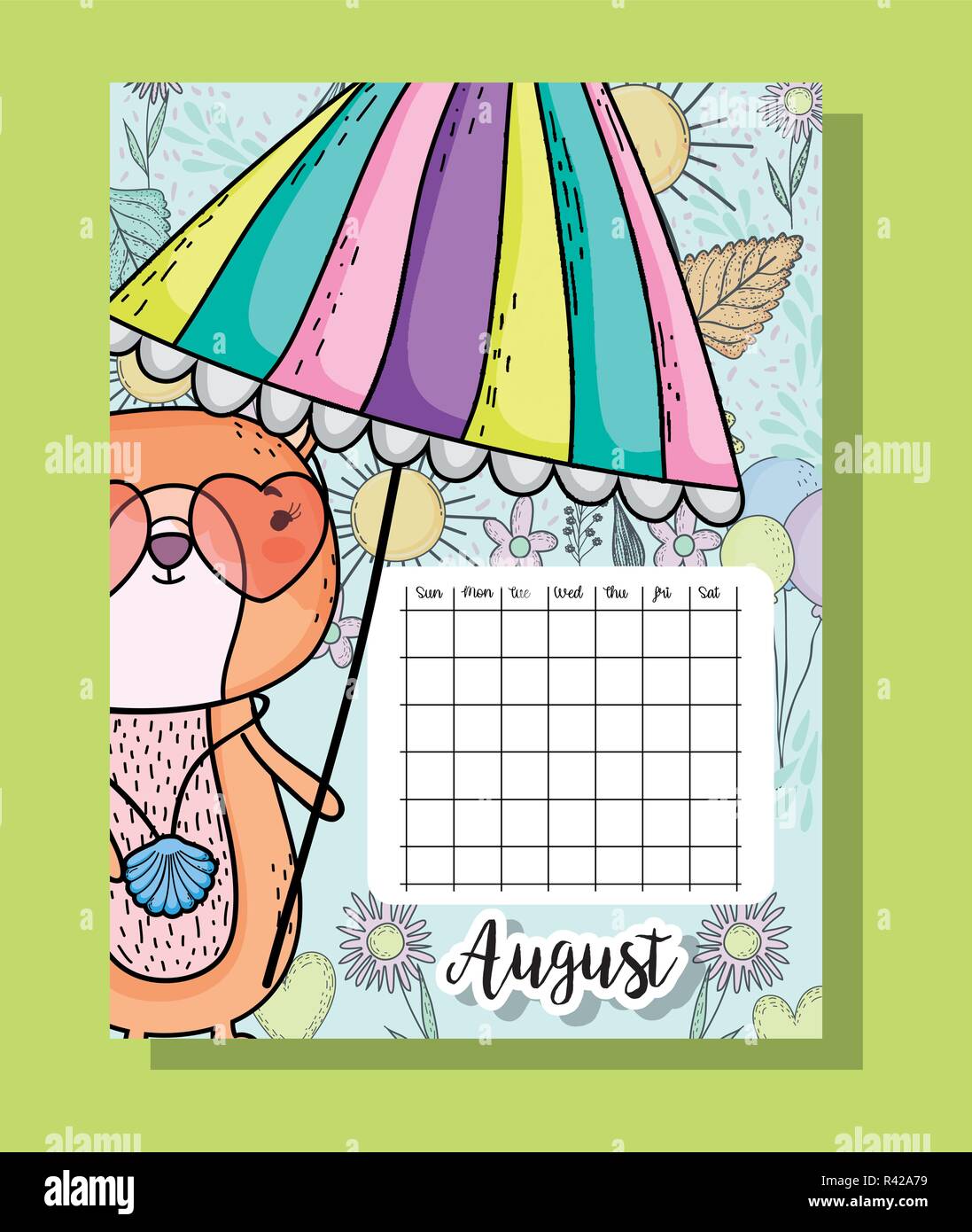 august calendar information with squirrel and flowers vector ...