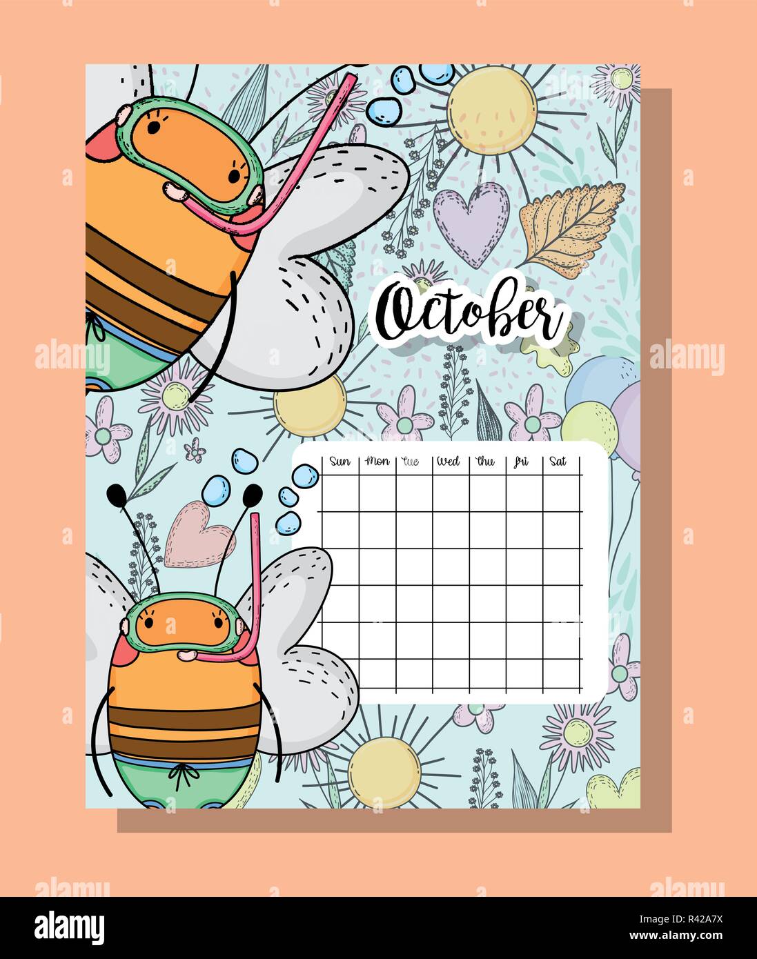 october calendar information with bees and flowers vector illustration ...