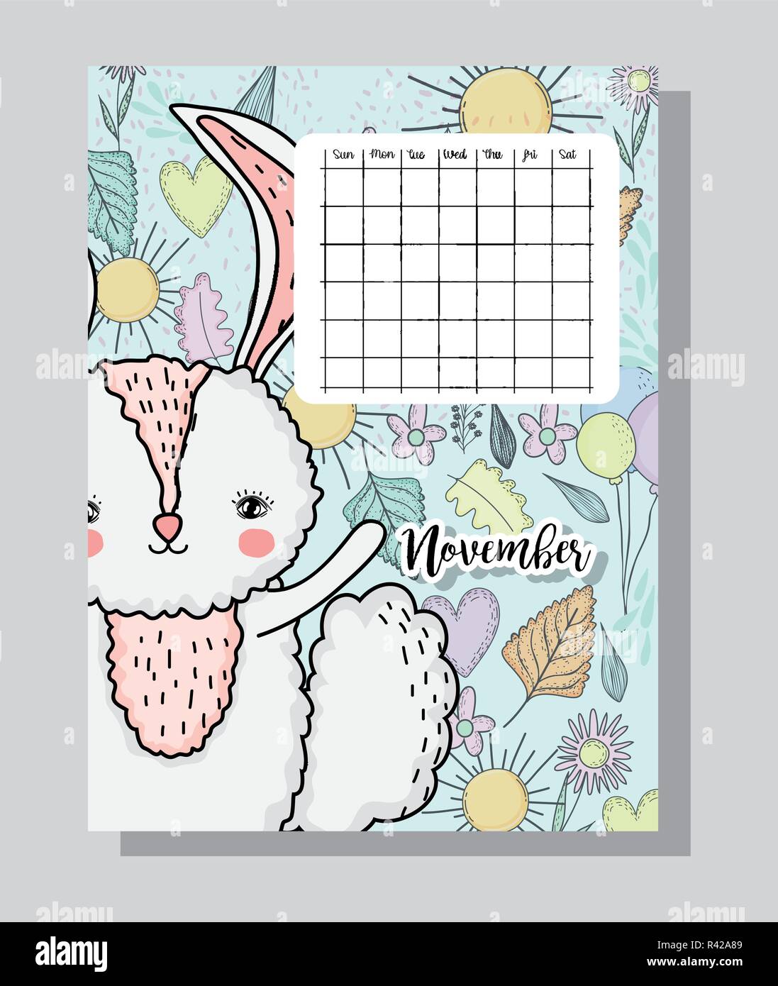 november calendar information with rabbit and flowers vector ...