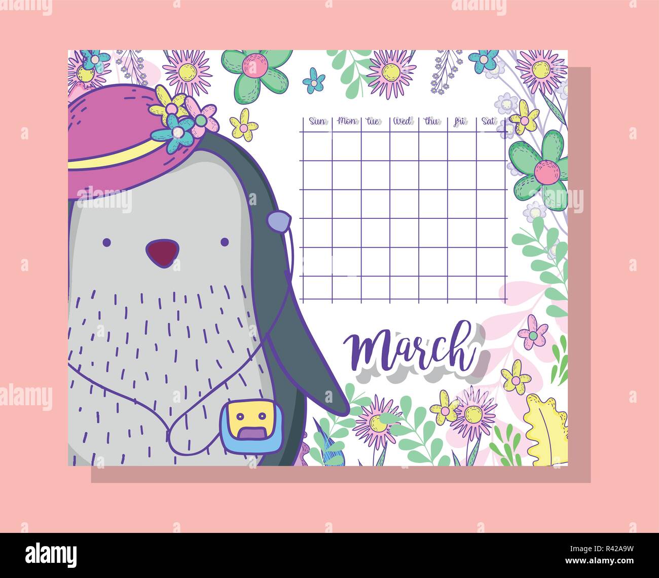 march calendar information with penguin and plants vector illustration ...