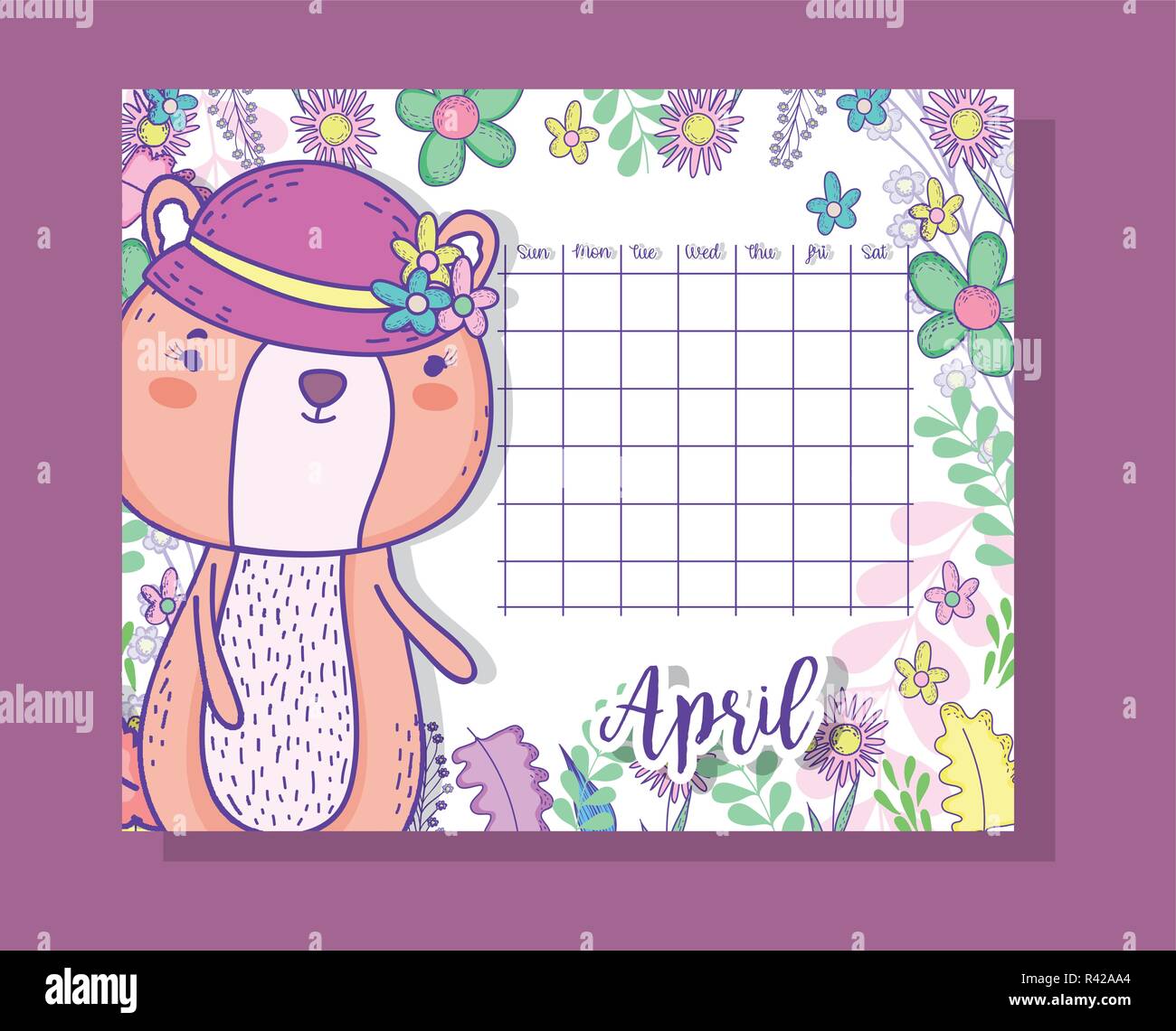 april calendar information with squirrel and plants vector illustration ...
