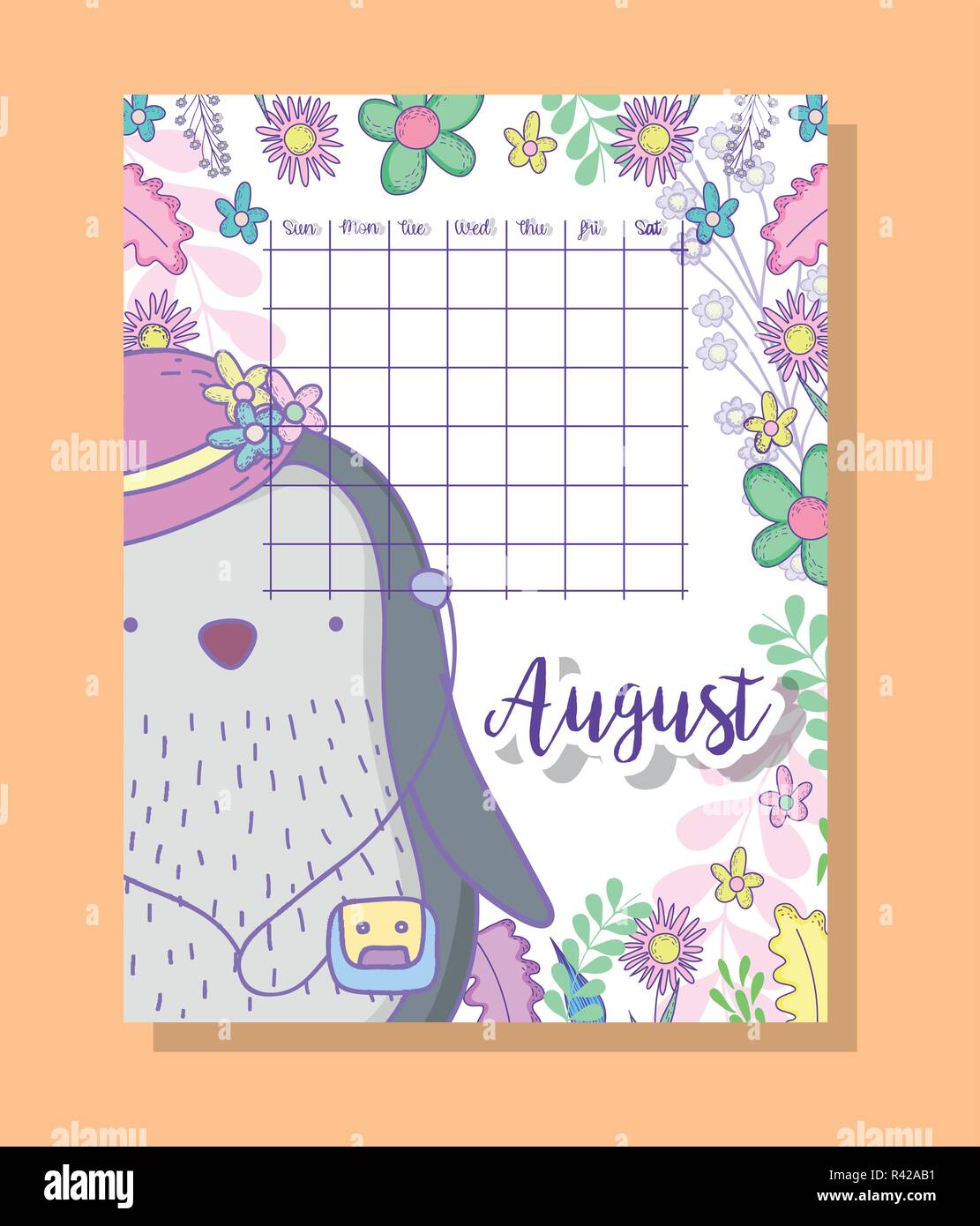 august calendar information with penguin and plants vector illustration ...